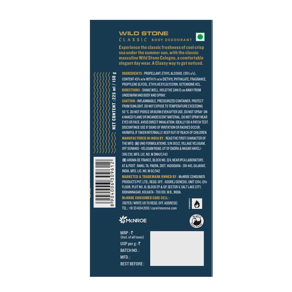 Wild Stone Classic Cologne 225ml & Hydra Energy Deodorant 150ml , Pack