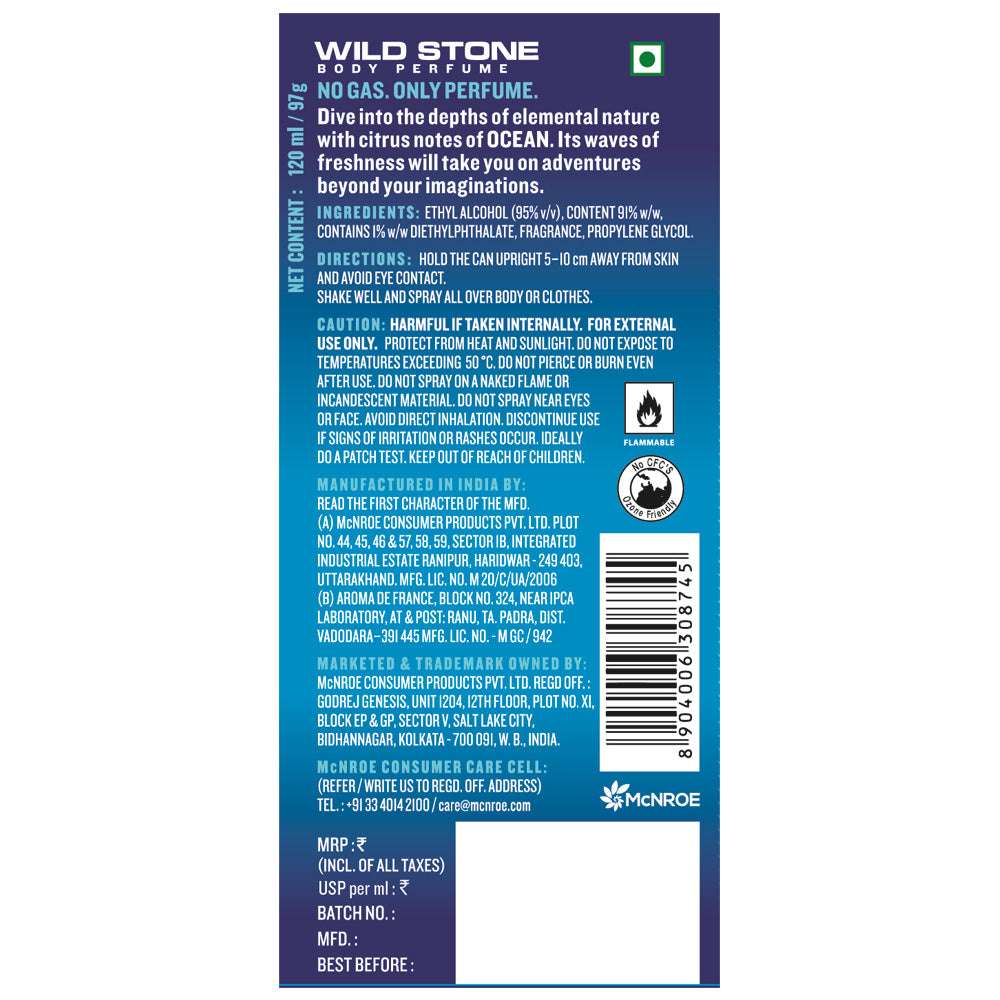 Intense Ocean No Gas Deodorant 120ml | Wild Stone