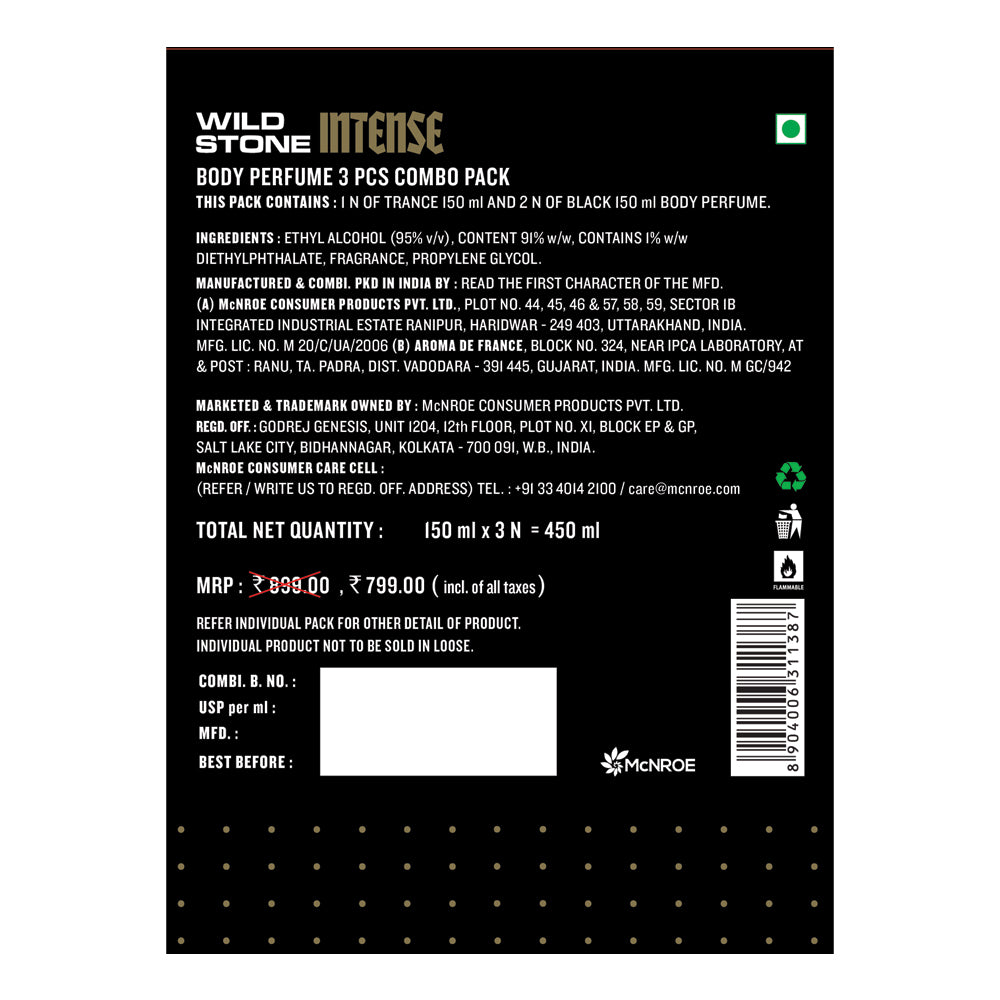 Wild Stone Intense Black and Trance No Gas Deodorant Gift Set for Men,
